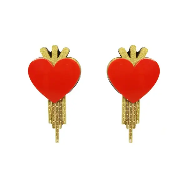 GISSA BICALHO Handmade Acrylic Short Earrings Heart & Fringe - Red