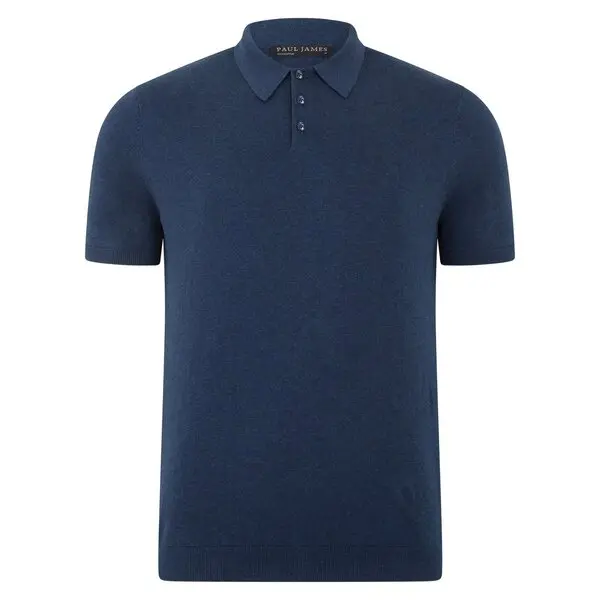 PAUL JAMES KNITWEAR Ultra Fine Cotton Earl Short Sleeve Polo Shirt Melange - Blue