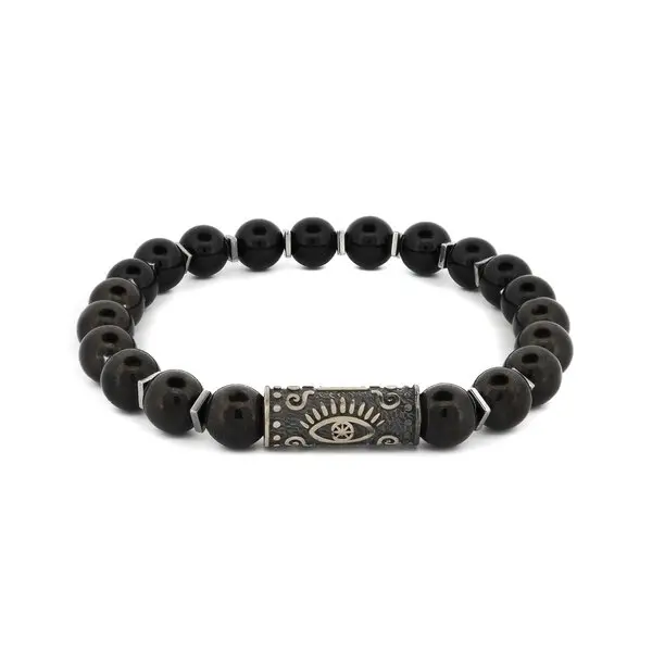 EBRU JEWELRY Black / Silver Black Onyx Stone & Sterling Silver Unique Evil Eye Symbol Beaded Bracelet Black - Black/silver