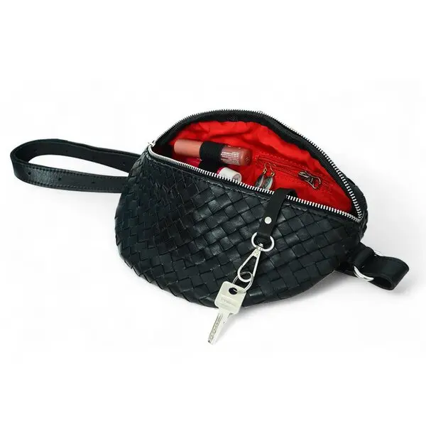 HIDES LEATHER CO. Black / Red Nexus Woven Leather Belt Bag, Minimal Black Waist Purse With Red Lining - Black/red