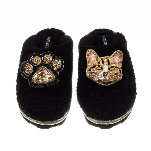 LAINES LONDON Teddy Closed Toe Slippers With Tabby Cat & Paw Brooches - Black