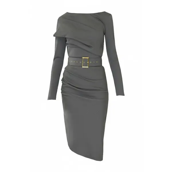 ALINA CERNATESCU Slide Ash Midi Cocktail Dress With Asymmetric Skirt And Textile Belt - Grey