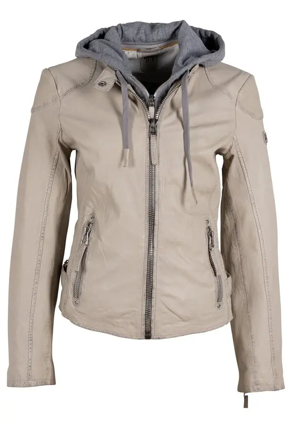 Mauritius Neutrals Leather Moto Jacket Removable Hood Finja Light Beige - Beige/black