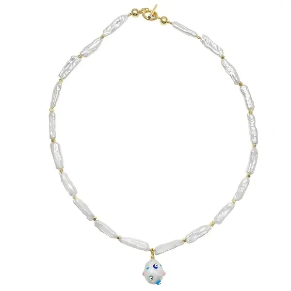 FARRA Freshwater Pearl With Painted Evil Eye Pendant Necklace