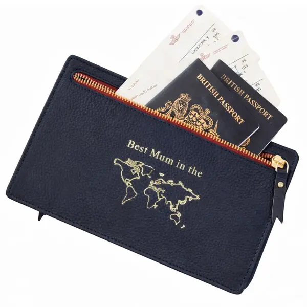 VIDA VIDA Double Zip Navy Leather Travel Wallet Best Mum In The World - Blue