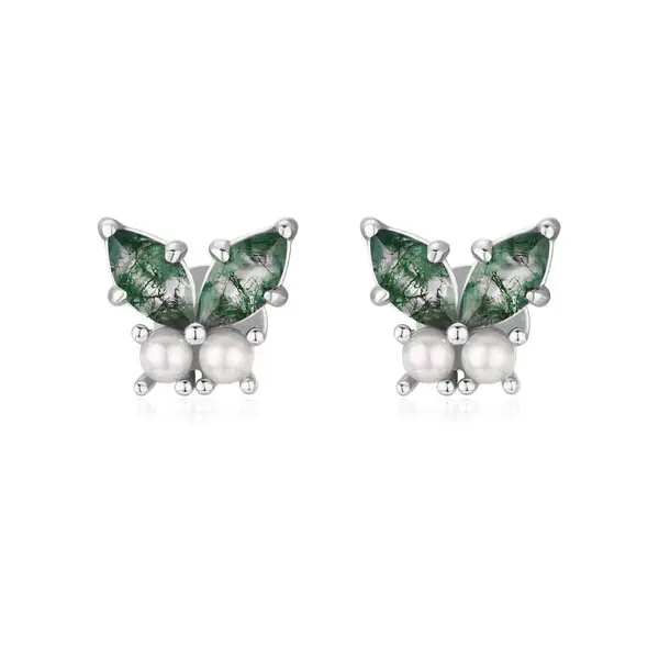 AZURA JEWELRY NEW YORK Monarch Butterfly Moss Agate Earrings White Gold Vermeil - Silver
