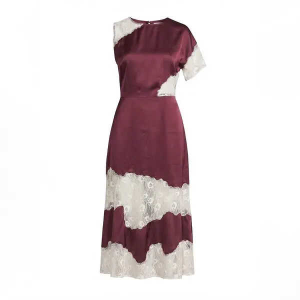 LILY AND LIONEL Selma Lace Insert Midi Dress In Burgundy And Ecru - Red