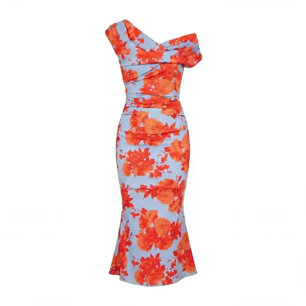 ATOM LABEL Mercury Midi Dress In Powder Blue & Floral - Orange