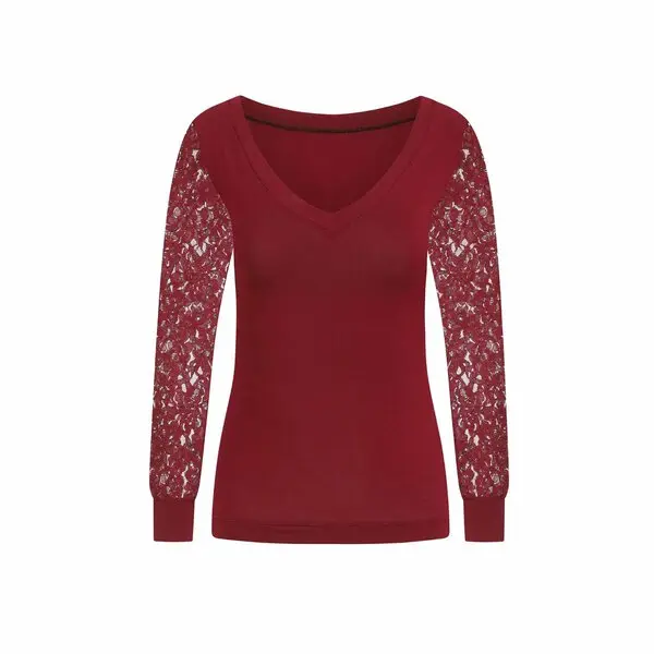 SOPHIE CAMERON DAVIES Burgundy V-neck Jersey Lace Sleeve Top - Red
