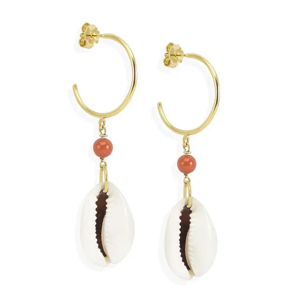 VINTOUCH ITALY White / Gold / Red Cowrie Shell Hoop Earrings With Coral - White/gold/red