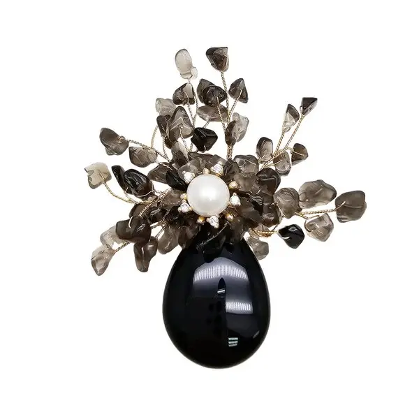 FARRA Elegant Rutilated Quartz Floral Brooch - Black