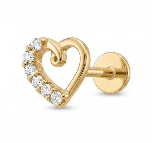 Zahav Jewelry 14k Solid 18g 6mm Heart Shaped Internally Threaded Cartilage Earring - Gold