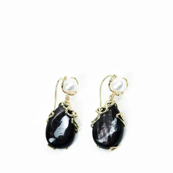 ADDICTED2 Black / White / Gold Calipso Bronze Earrings With Majorca Pearls & Obsidian - Black/white/gold
