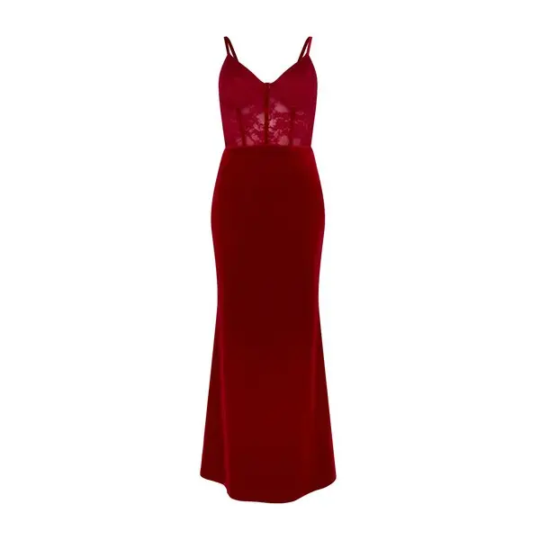 SOUR FIGS Sheer Lace Corset Velvet Maxi Dress In Crimson - Red