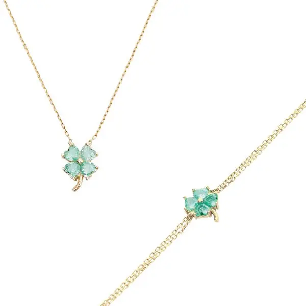 SPERO LONDON Four Leaves Clover Sterling Silver Bracelet & Necklace Set In Green - Gold
