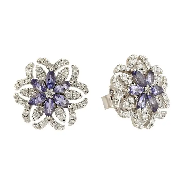 ARTISAN Blue / White Tanzanite & Diamond Floral Cluster Earrings In 18k White Gold - Blue/white
