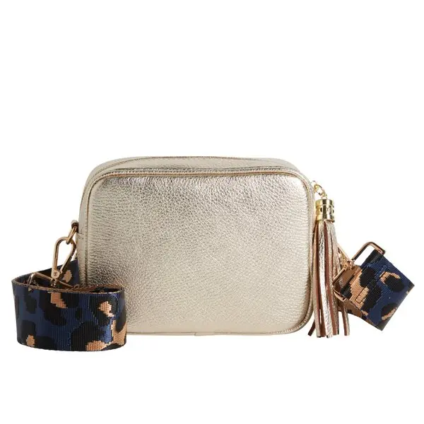 BETSY & FLOSS Verona Crossbody Tassel Bag With Dark Blue Leopard Strap - Gold