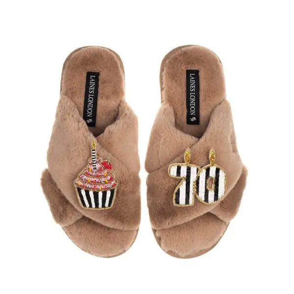 LAINES LONDON Classic Laines Slippers With Stripe 70th Birthday & Cake Brooches Toffee - Brown