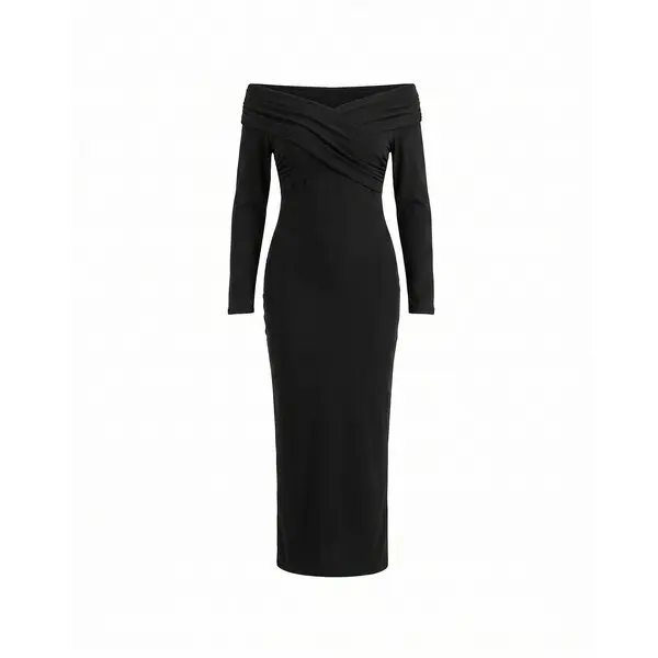 TANTRA SPAIN SL Long Fitted Dress With Long Sleeves, V-neck And Draped Detail On The Chest - Black
