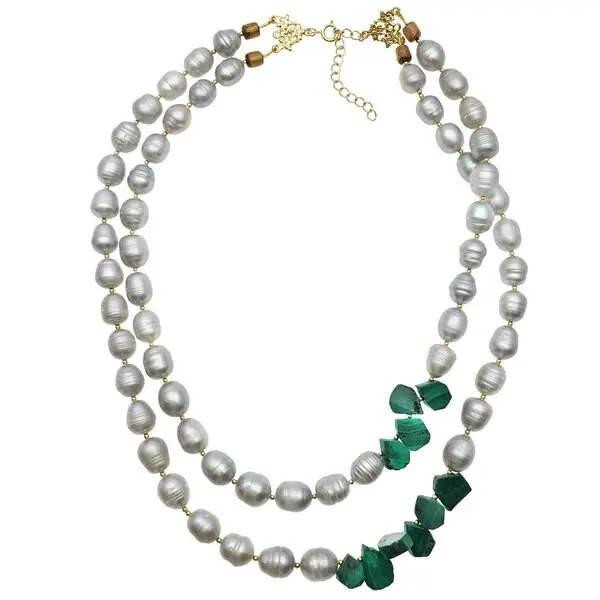 FARRA Gray Freshwater Pearls With Malachite Double Strands Necklace