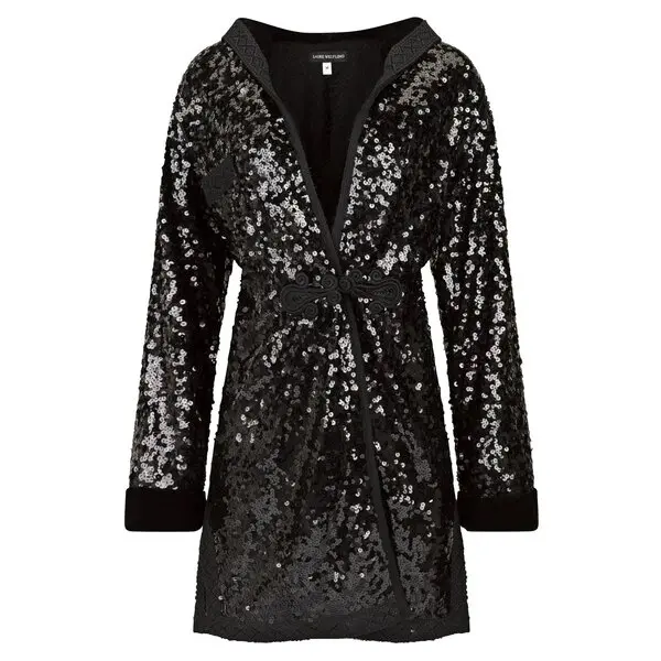 BOUTIQUE KAOTIQUE Long Sequin Vest With Velvet Hood - Black