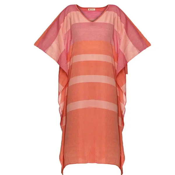 HERITAGEMODA Pink & Orange Sheer Cotton Kaftan Dress – Lightweight & Breezy Resort Wear - Orange/pink
