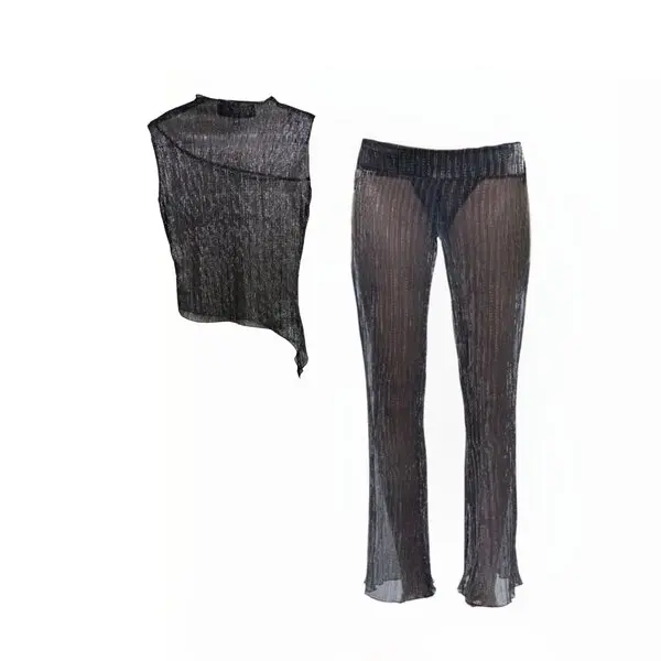 AMORTIZIA Belladona Set Metallic Shimmer Stretch Asymmetric Top & Flared Pants Set - Grey