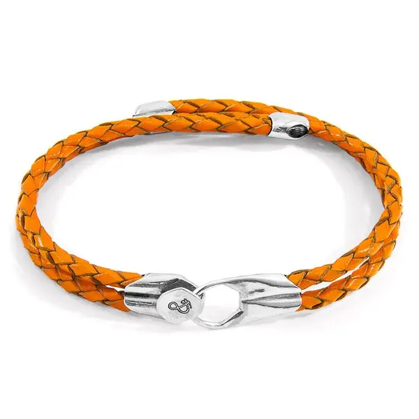 ANCHOR & CREW Silver / Orange Fire Orange Conway Silver & Braided Leather Bracelet - Silver/orange