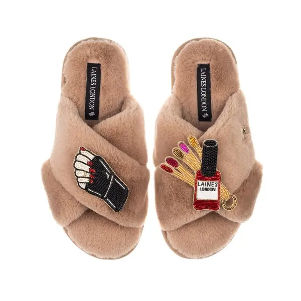 LAINES LONDON Embellished Faux Fur Cross Strap Slippers - Brown