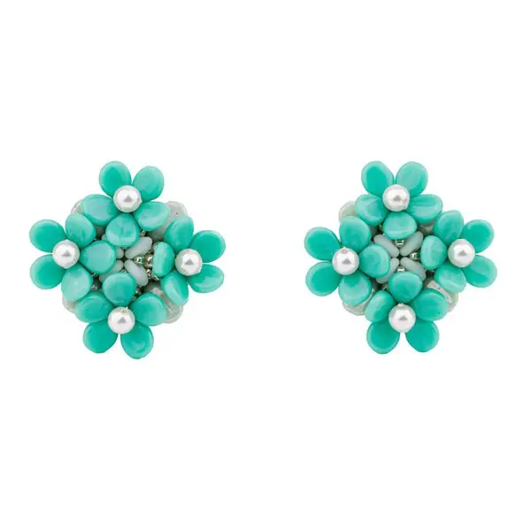 Oana Savu Turquoise Glass Beads Sterling Silver Studs Flower Earrings - Blue