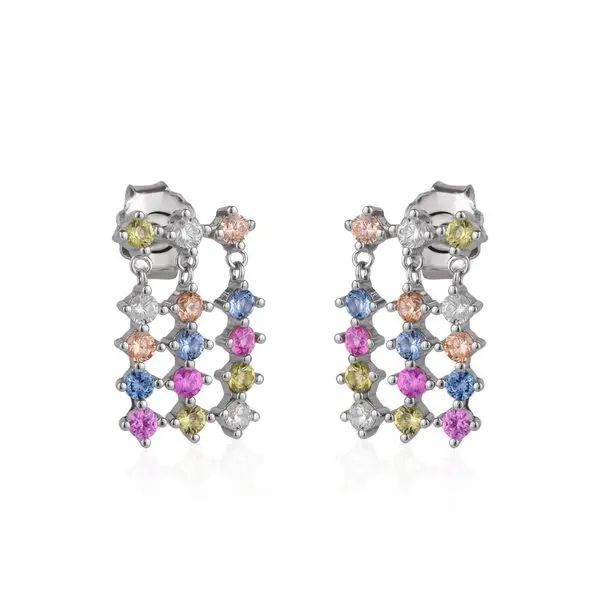 SPERO LONDON Colourful Rainbow Jewelled Sterling Cluster Stud Drop Earring - Silver