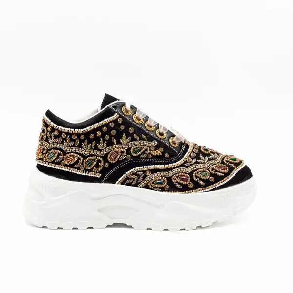 RETTROSE Isabella Luxury Satin Handmade Embellished Trainers - Black