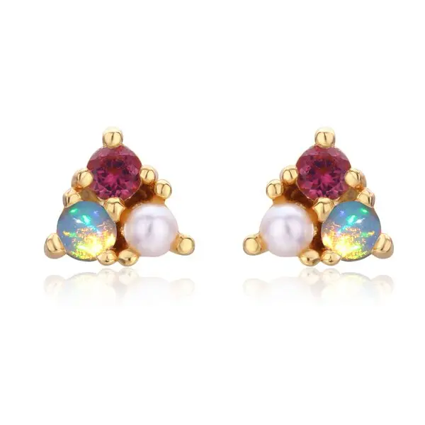 AZURA JEWELRY NEW YORK Opal Pink Tourmaline Pearl Trio Stud Earrings - Gold