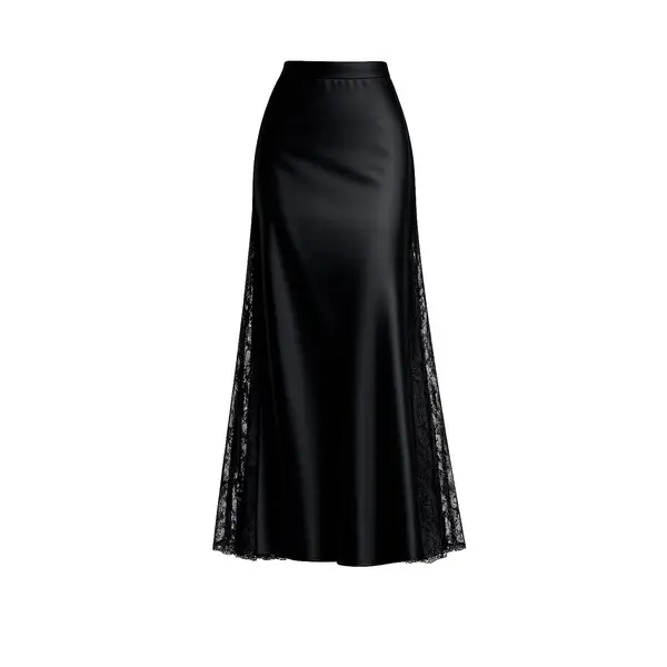 TANTRA SPAIN SL A-line Satin Midi Skirt With Side Slits And Lace, Elastic Waistband - Black