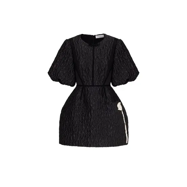 GEORGETTE Textured Mini Dress With Puff Sleeves - Black