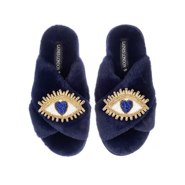 LAINES LONDON Classic Slippers With Double Love Eye Brooches - Blue