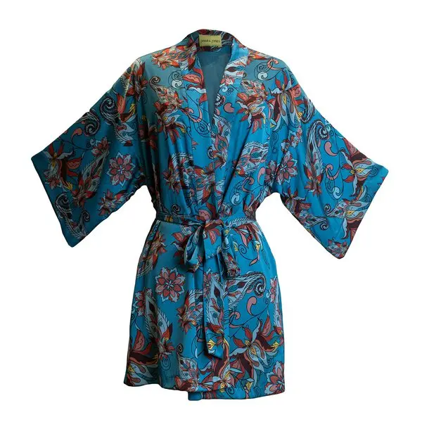 JANARA JONES Floral Paisley Print Satin Long Sleeve Short Robe - Blue