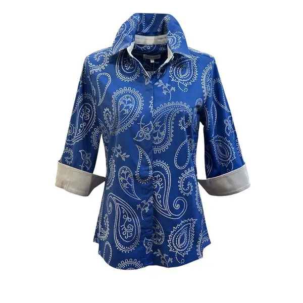 PERLAVERA Nova Paisley Silver Three Quarter Sleeve Length Slim Fit Shirt - Blue