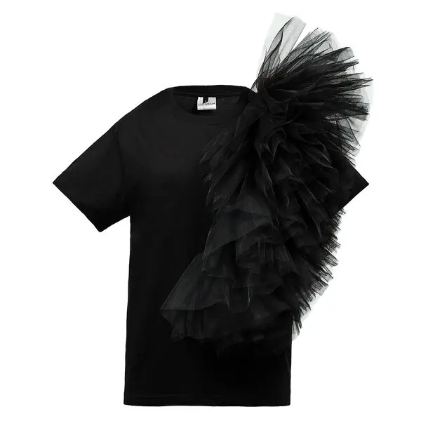 LIA ARAM Edgy Ruffle Appliqué Tee - Black