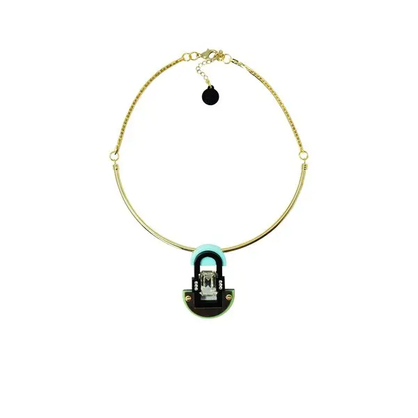 GISSA BICALHO Handmade Acrylic Necklace Pendant Deco Mirror Rectangular Stone - Green
