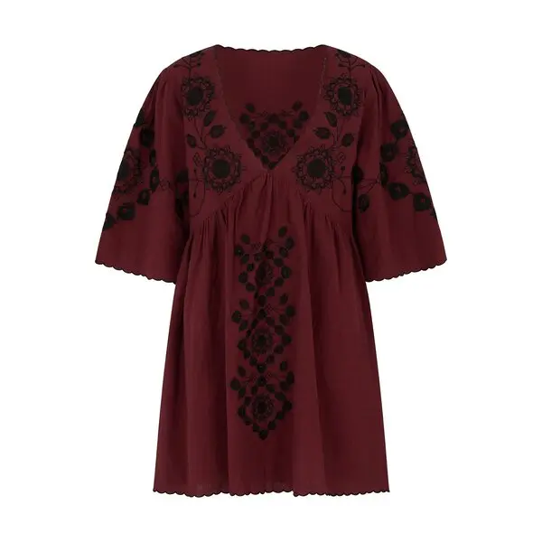 RAFFYA Arabella V- Neck Embroide Mini Dress In Burgundy - Red