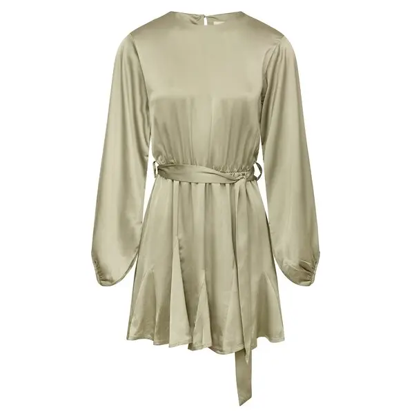 URBAN TOUCH Neutrals Long Sleeve Pleated Skater Dress - Green