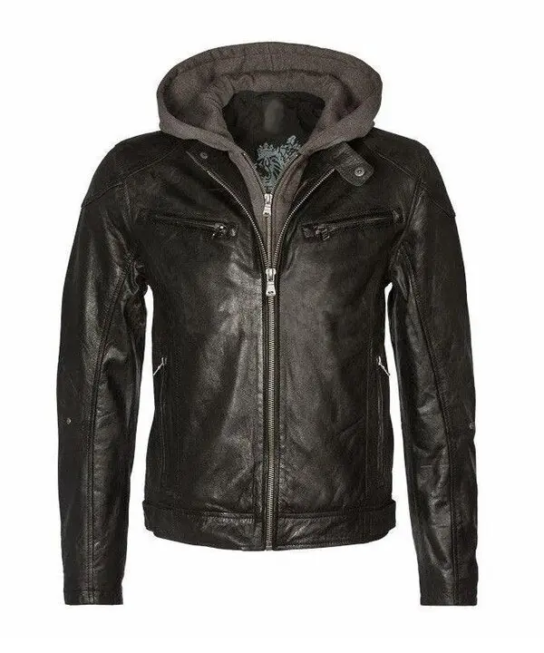 Mauritius Removable Hood Leather Jacket Biko - Black