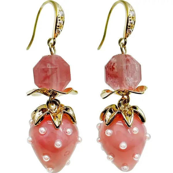 FARRA Watermelon Quartz With Strawberry Glass Dangle Earrings - Pink