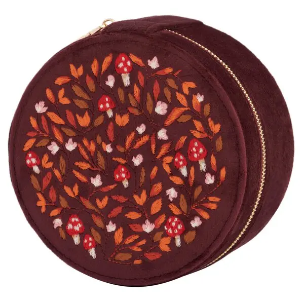 FABLE ENGLAND Brown / Red Mushroom Embroidered Velvet Jewellery Box - Brown/red