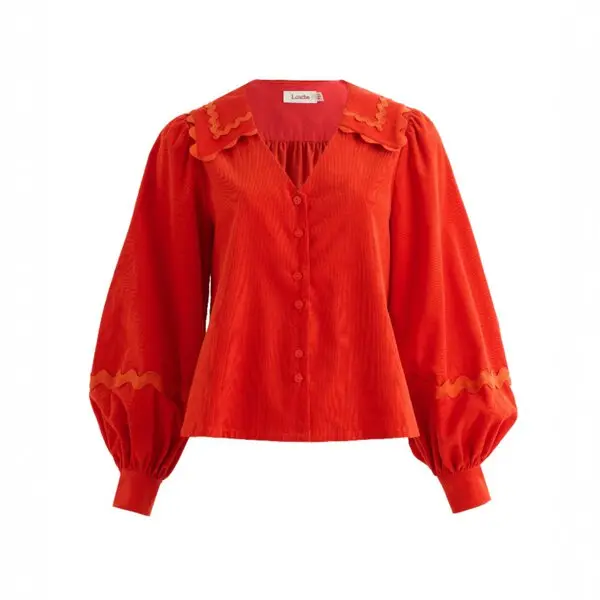 LOUCHE Pallas Babycord Big Collar Ric Rac Trimmed Blouse - Red