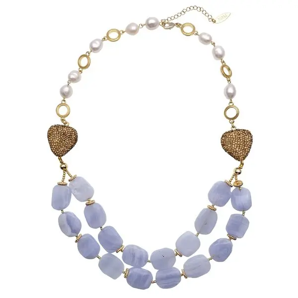 FARRA Lace Agate With Fresh Water Charm Double Layers Necklace - Blue