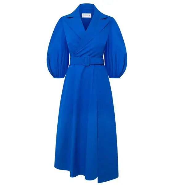 FEMPONIQ Wide Lapel Asymmetric Belted Midi Cotton Dress Vivid - Blue