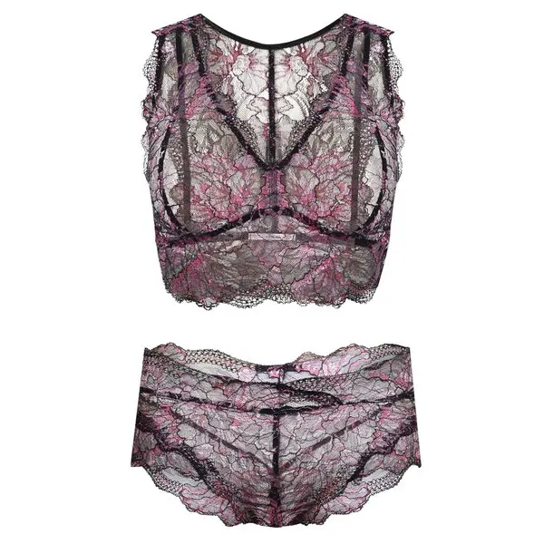 OH!ZUZA NIGHT&DAY Mousse Lace Lingerie Set Bralette & Brazilian Briefs - Black