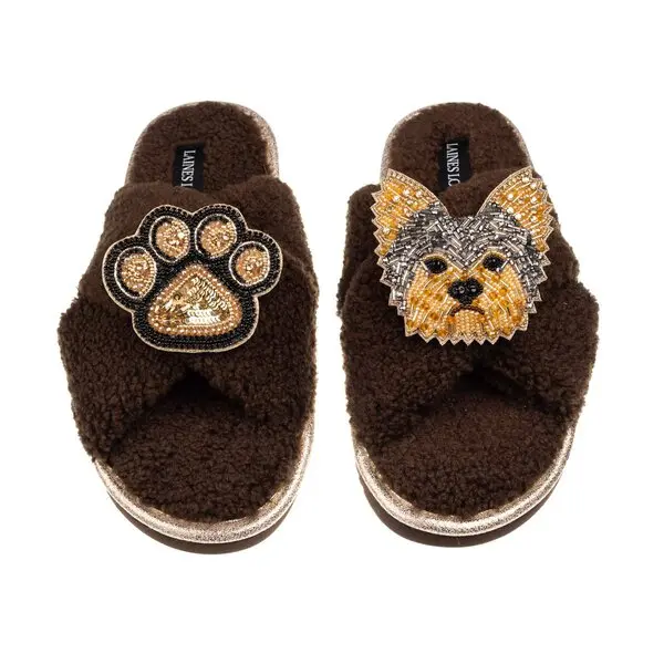 LAINES LONDON Neutrals Laines Neutral Boucle Slippers With Minnie The Yorkie & Paw Brooches Chocolate - Brown